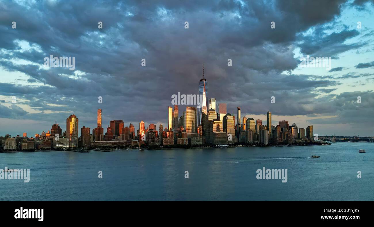 New York City photo from drone. Aerial view of New York city skyline in ...