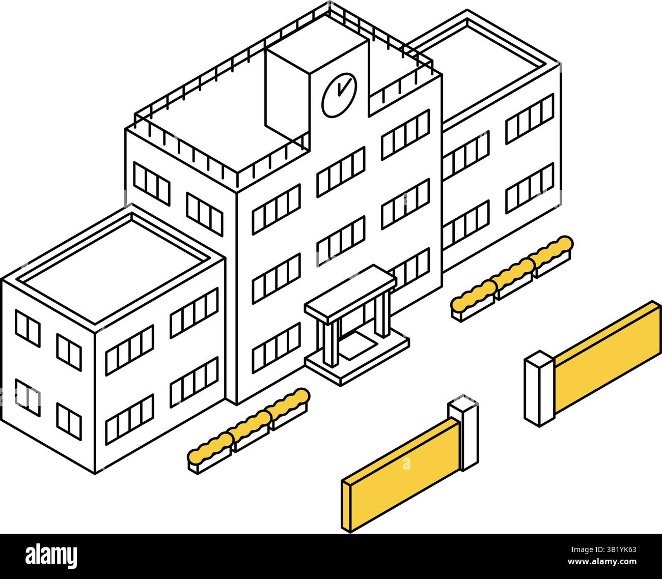 Isometric illustration of a simple line drawing of a school building ...