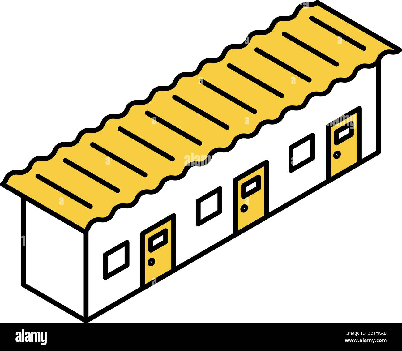 Isometric illustration of a simple line drawing of a prefabricated shed ...