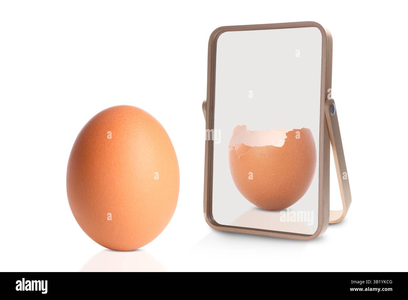 Whole egg reflecting in mirror as cracked, white background. Opposite ...