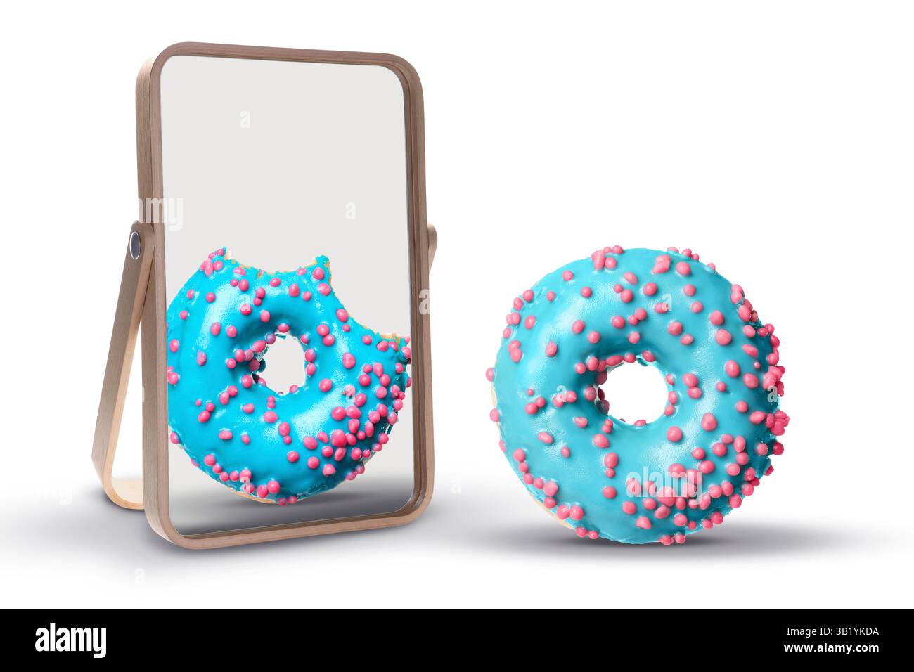Whole doughnut reflecting in mirror as bitten, white background ...