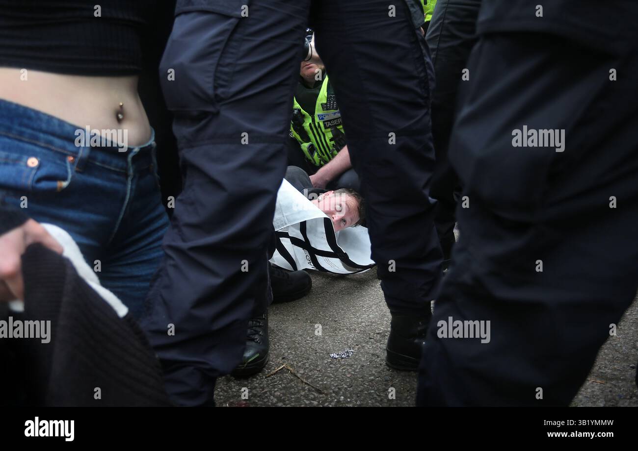 April 26, 2025, Huntingdon, England, UK: An activists is arrested and ...
