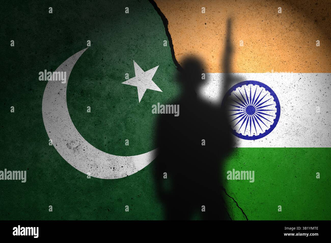 Flags of Pakistan and India painted on the concrete wall with soldier ...
