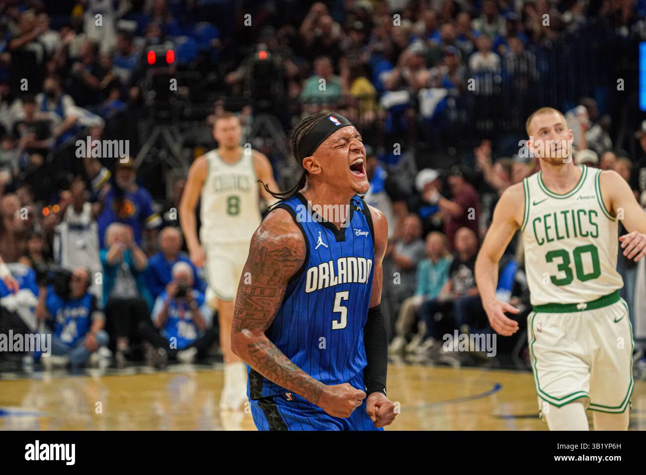 Orlando, Florida, USA, April 25, 2025, Orlando Magic forward Paolo Banchero #5 reacts after ...