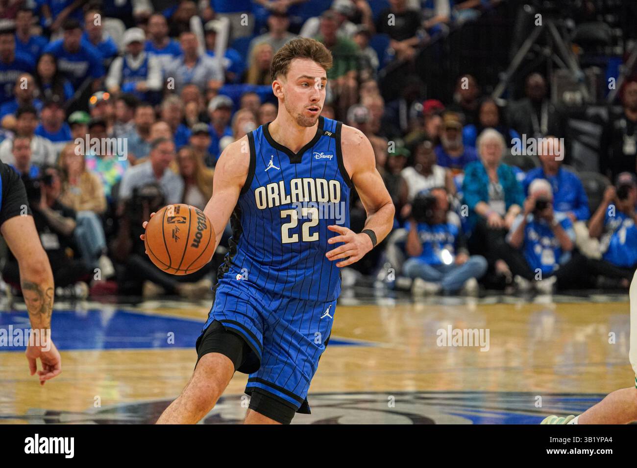 Orlando, Florida, USA, April 25, 2025, Orlando Magic forward Franz Wagner #22 rushes forward at ...