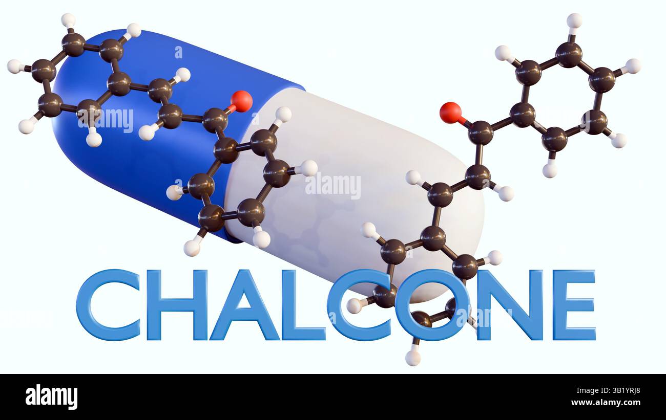 A 3d rendering of molecular structure of chalcone, with the word ...