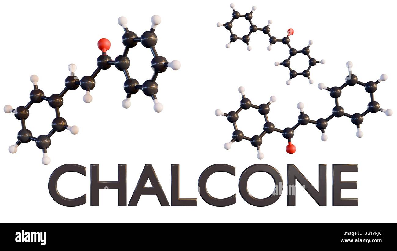 A 3d rendering of molecular structures of chalcone, a chemical compound ...