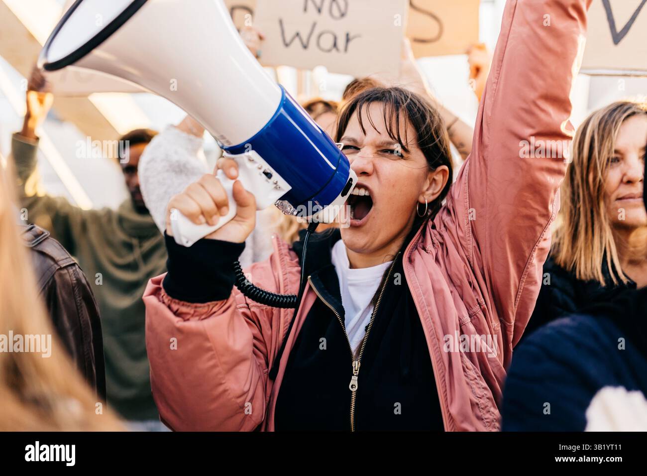 Diverse group of activists people protesting against war and violence ...