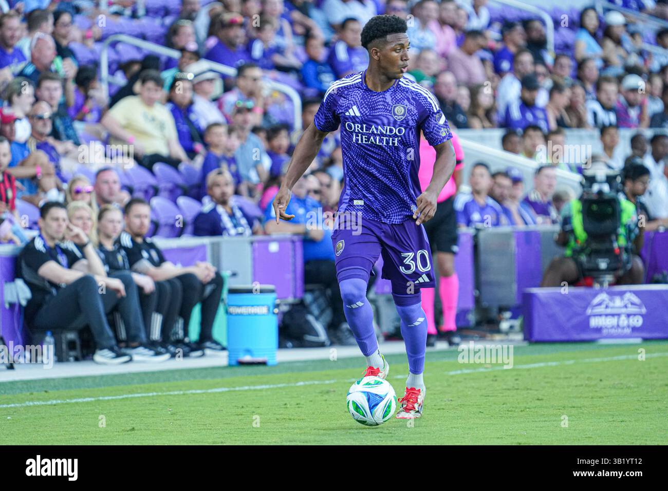 Orlando, Florida, USA, April 26, 2025, Orlando City SC player Alex Freeman #30 runs up field at ...