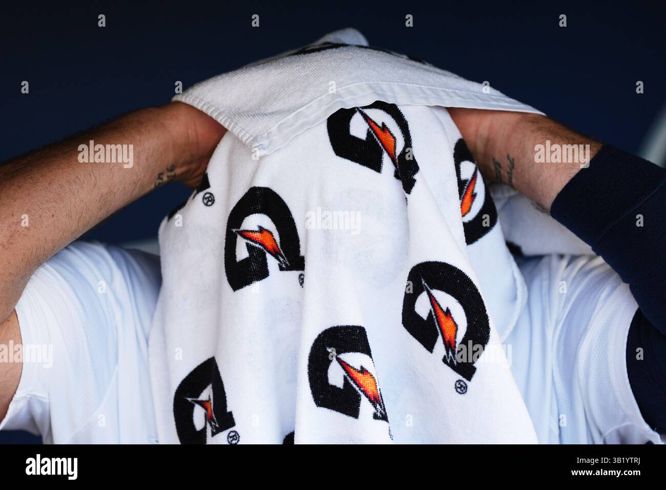 Seattle Mariners' Rowdy Tellez puts a towel over his head in the dugout ...