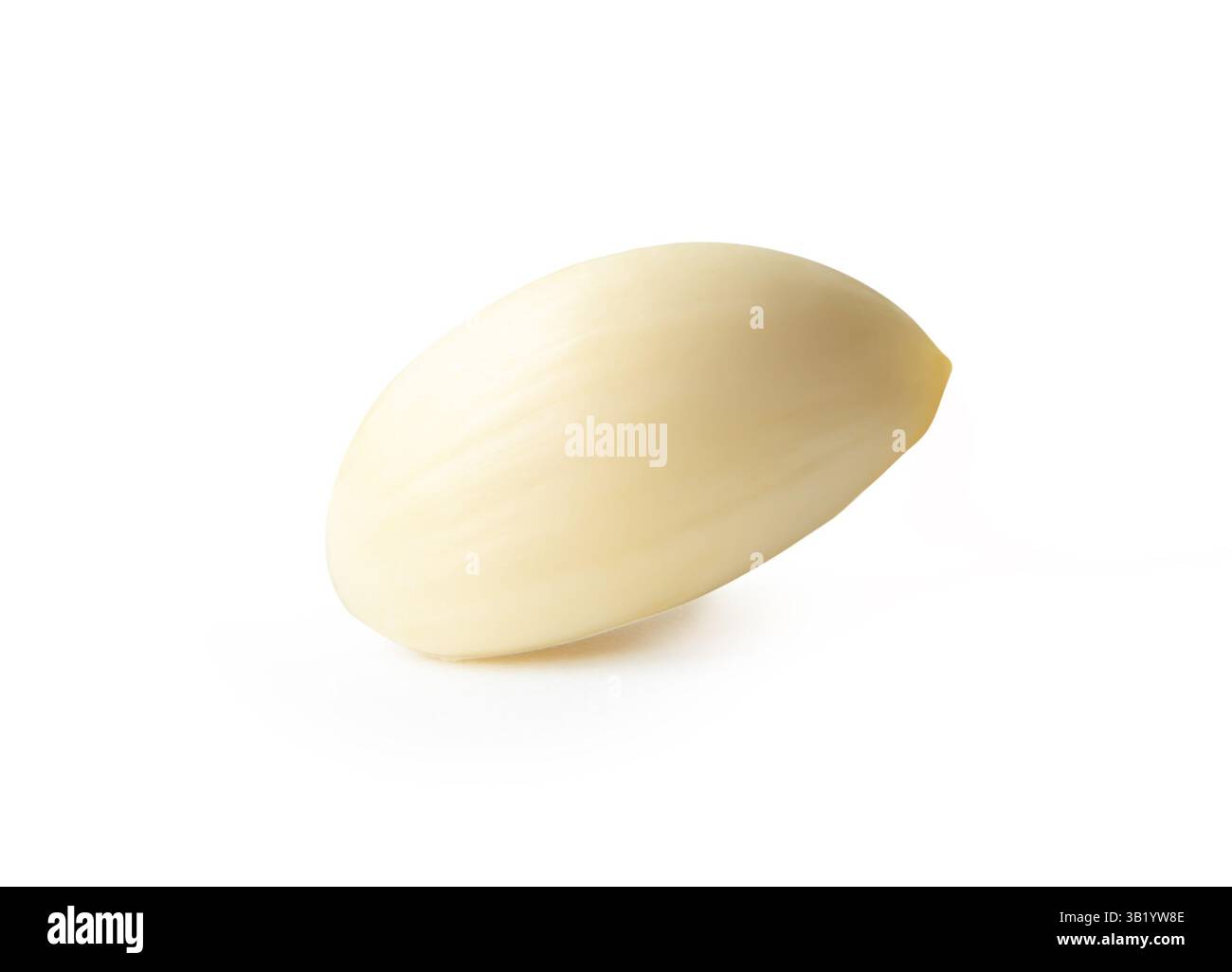 Side view of single peeled garlic clove or piece is isolated on white ...