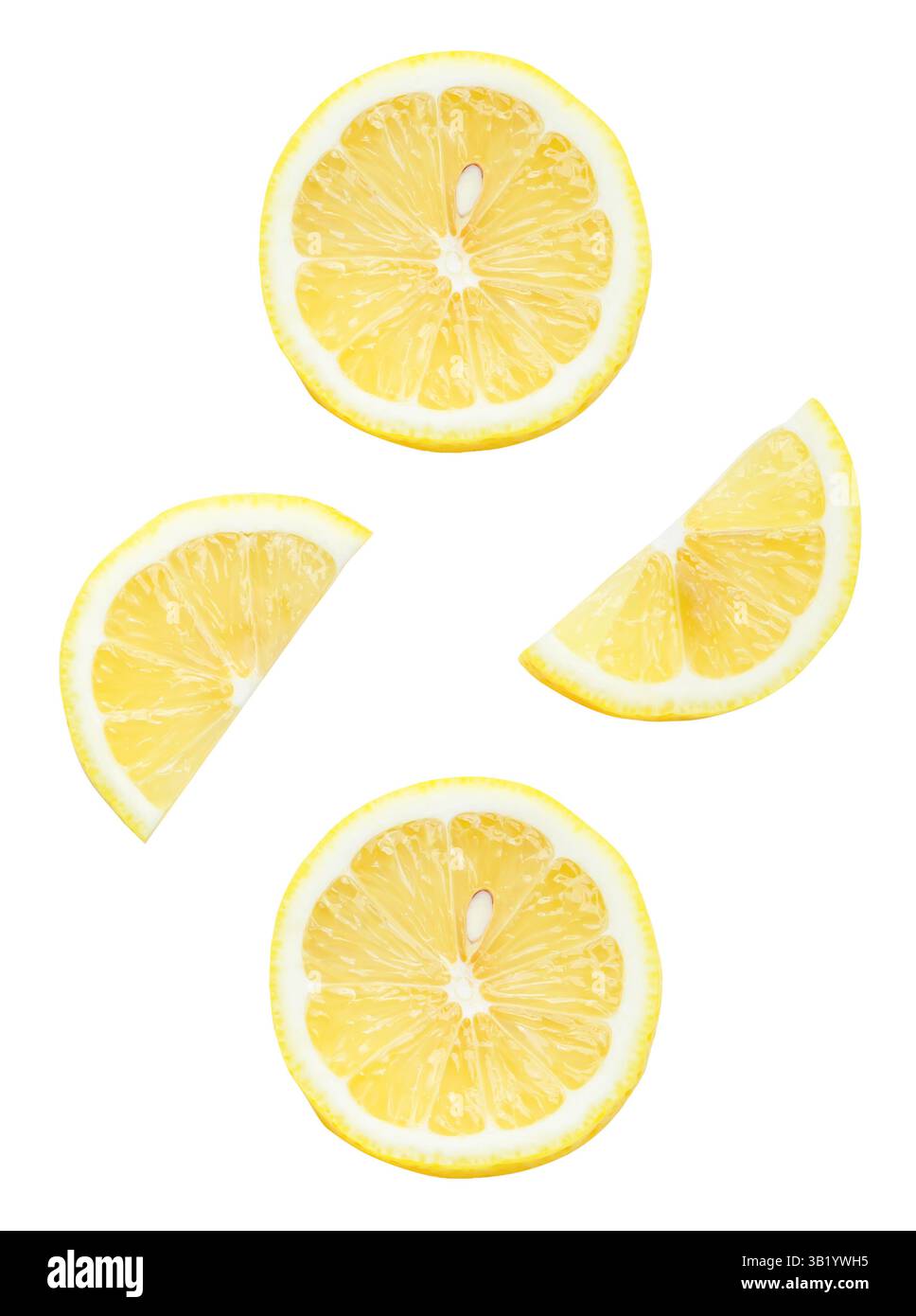 Top view set of fresh ripe yellow lemon fruits in halves and slices or ...