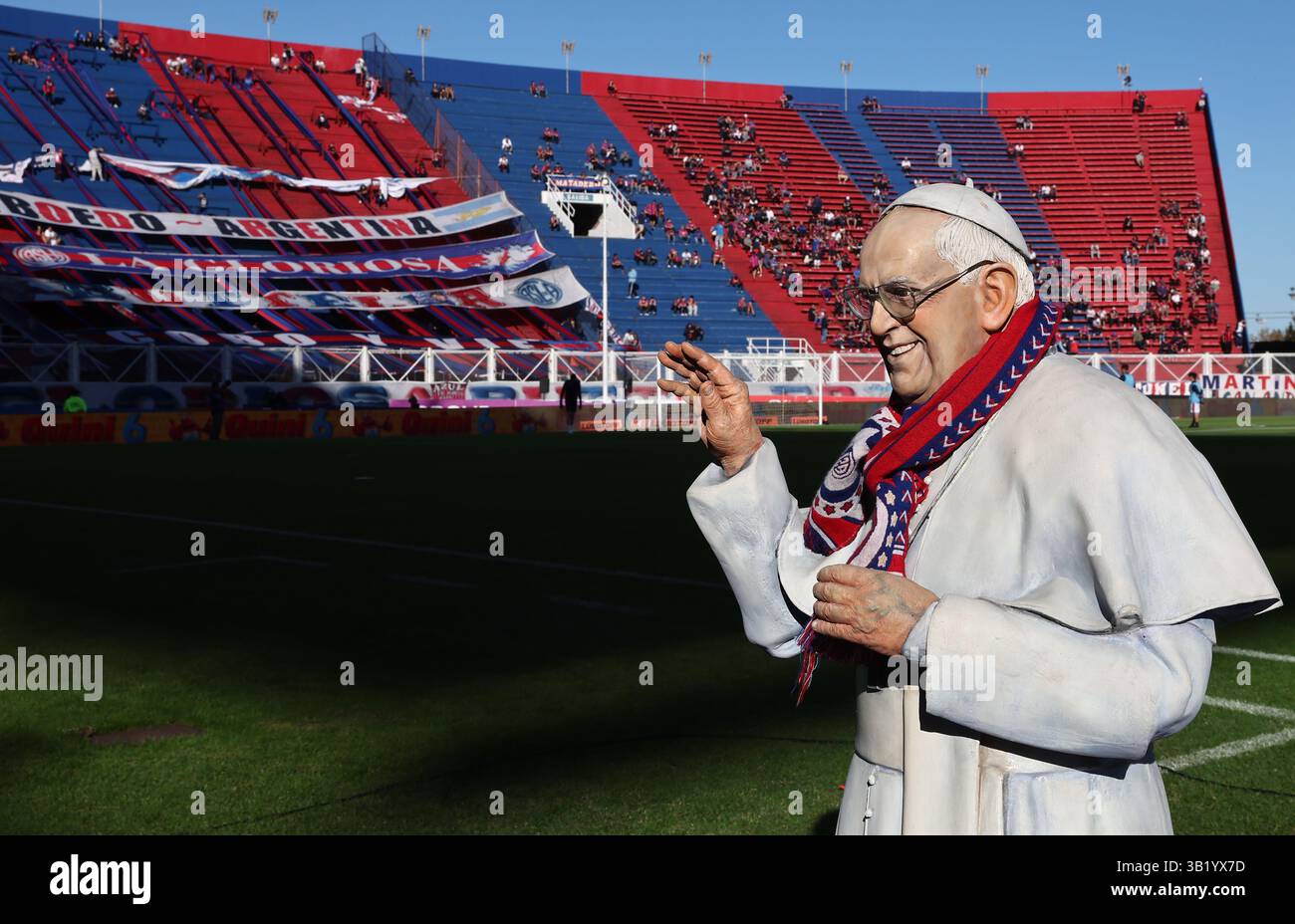 A statue depicting late Pope Francis is seen before the 2025 Apertura ...