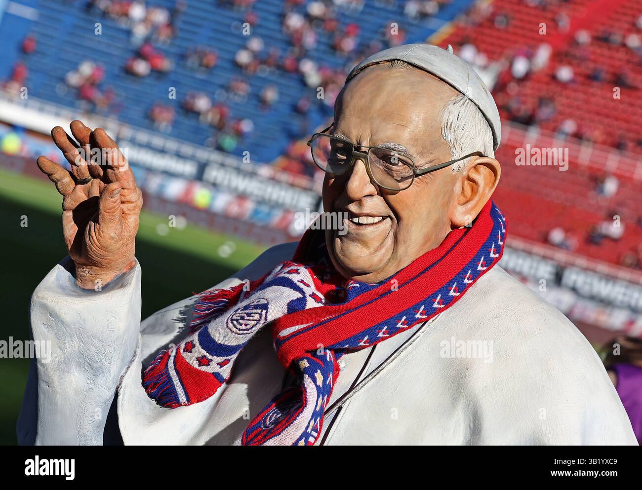 A statue depicting late Pope Francis is seen before the 2025 Apertura ...