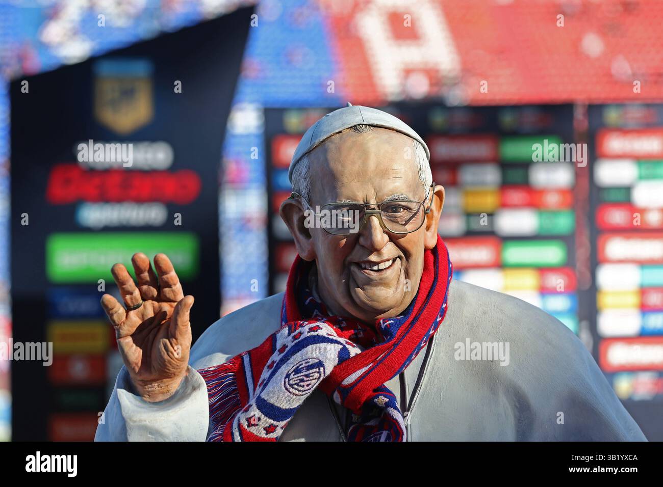 A statue depicting late Pope Francis is seen before the 2025 Apertura ...