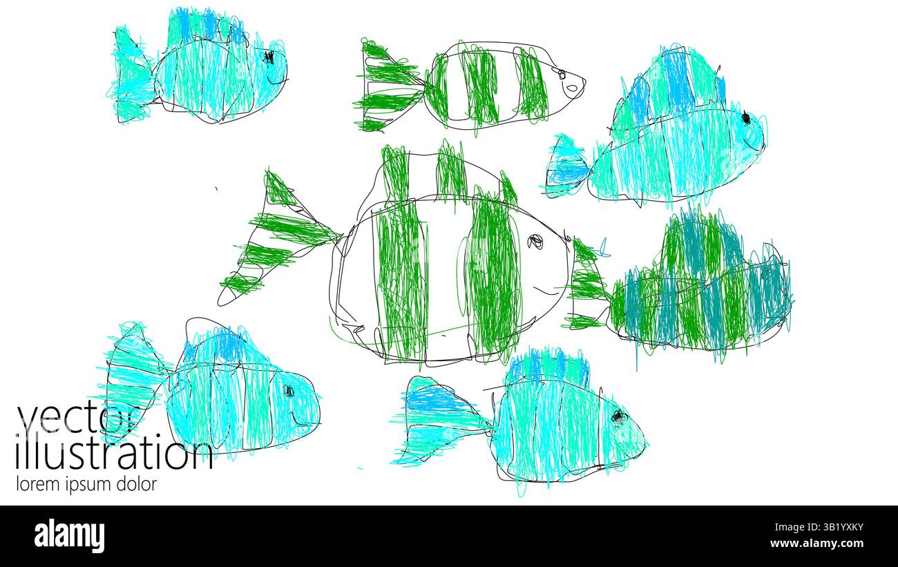 Colorful fishes childish drawing illustration. Fishes different sizes ...