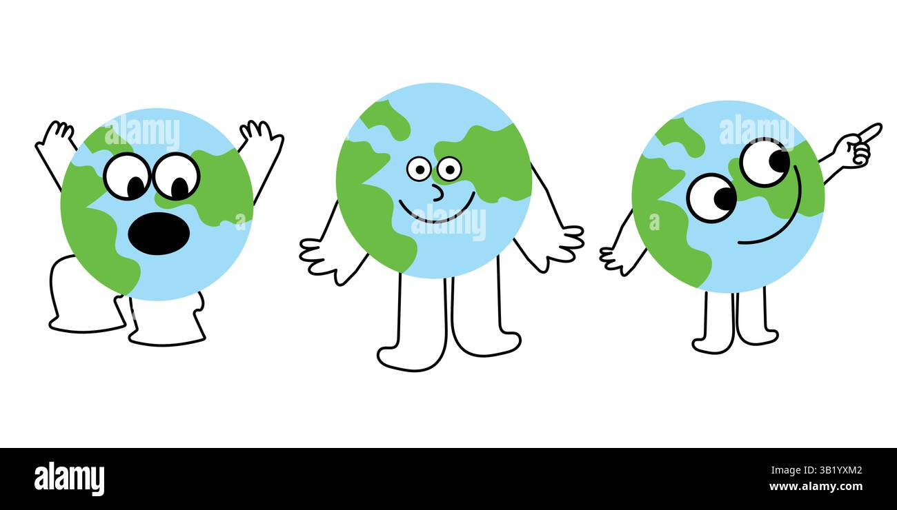 Flat Linear Style Funny Earth Mascot Vector Illustration Set - Ecology ...