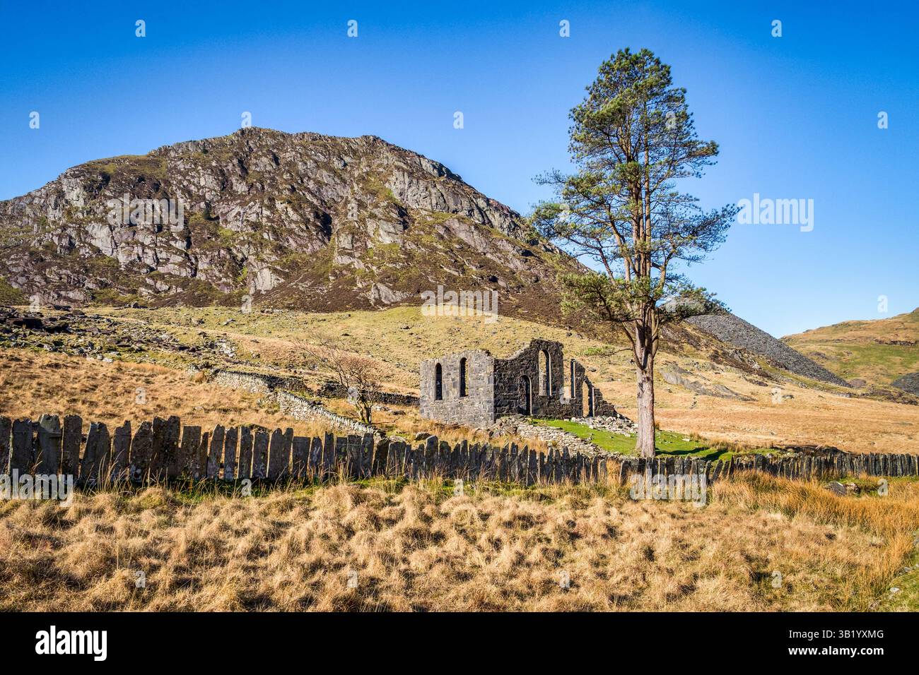 Capel y Gorlan, a ruined chapel in Cwmorthin, Blaenau Ffestiniog, in ...