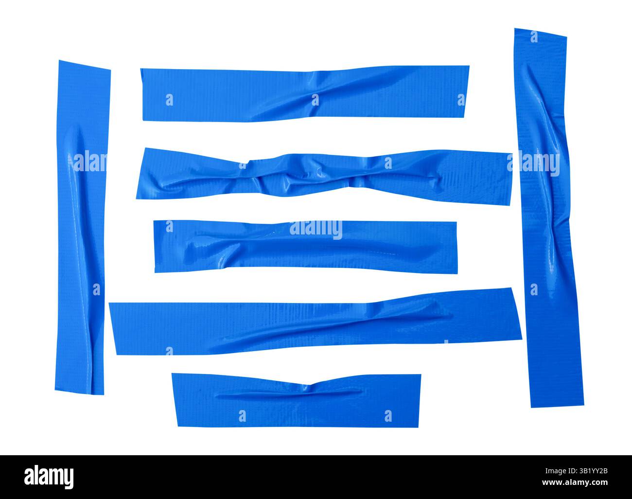 Top view set of wrinkled or crumpled blue adhesive vinyl tape or cloth ...