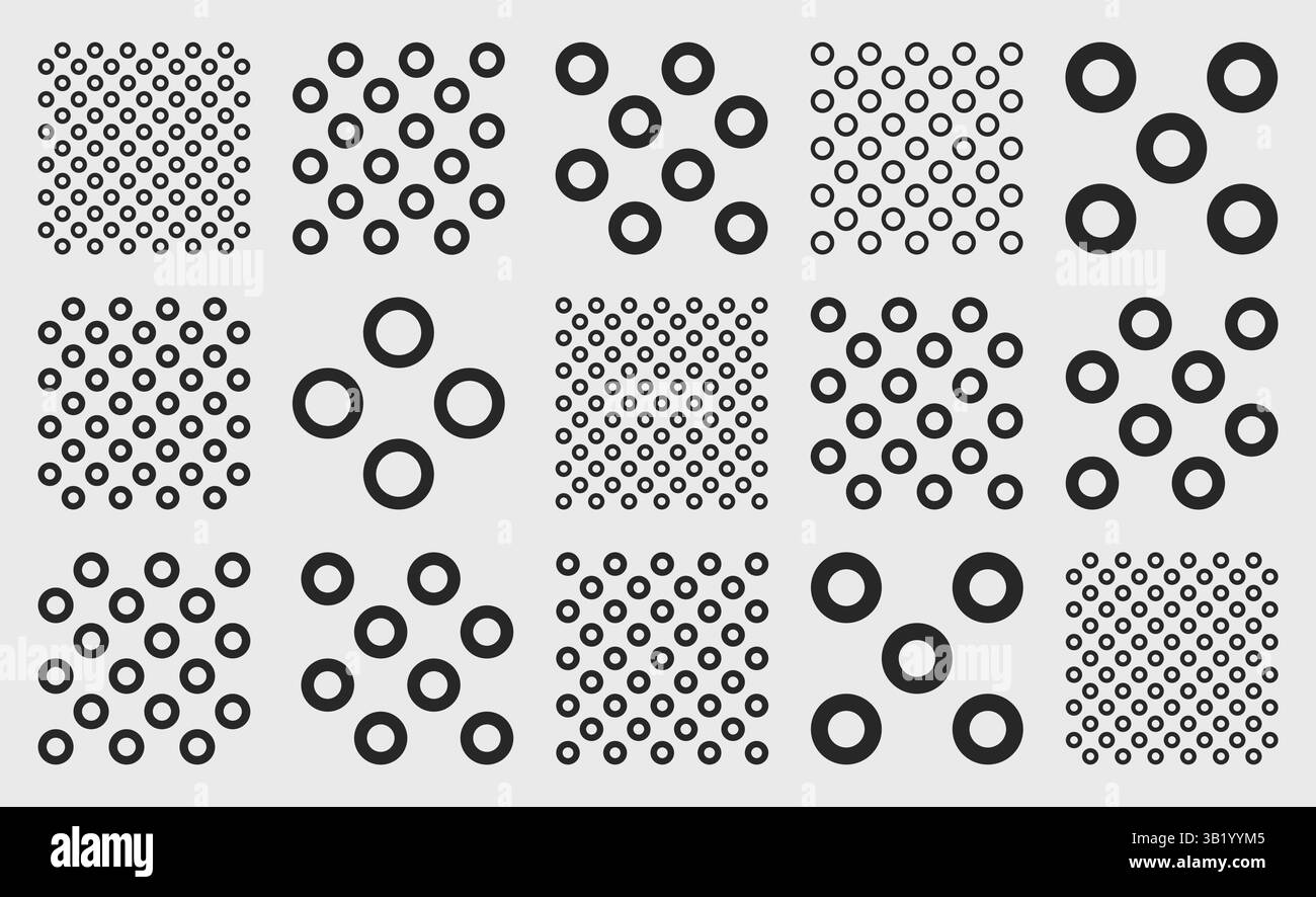 Minimalist set of seamless black and white vector patterns featuring varied circular grid ...