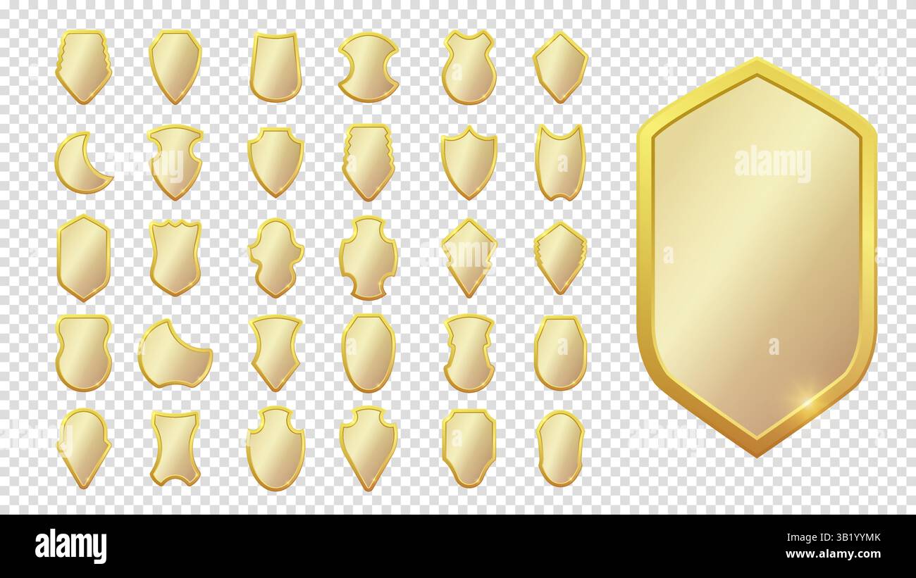 Set of realistic golden heraldic shields. Glass and glossy shield ...