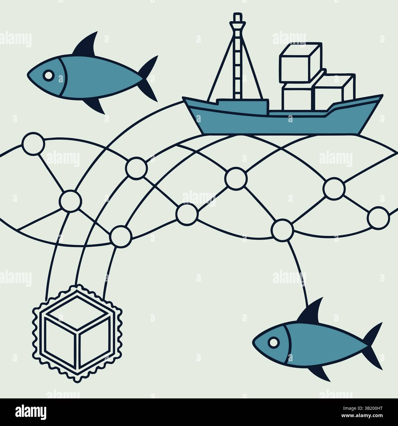 Illustration of a cargo ship with boxes, fish, and a network of ...