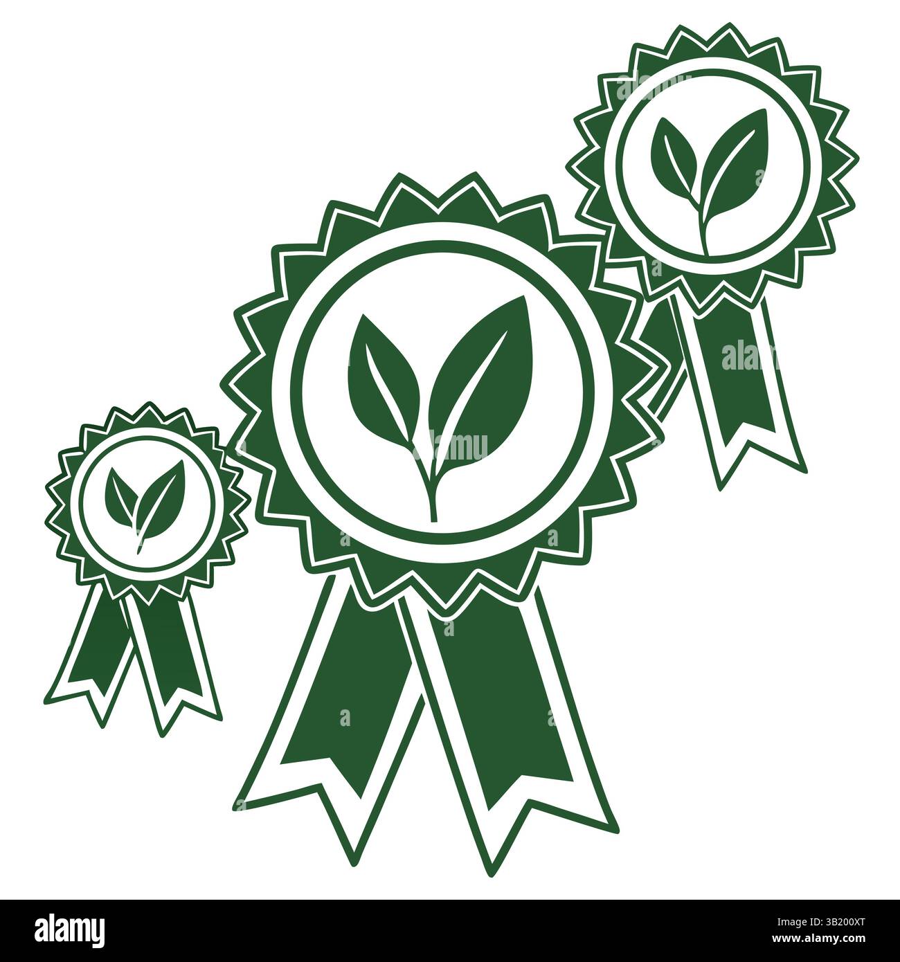 Three green leaf awards with ribbons displayed on a white background in ...