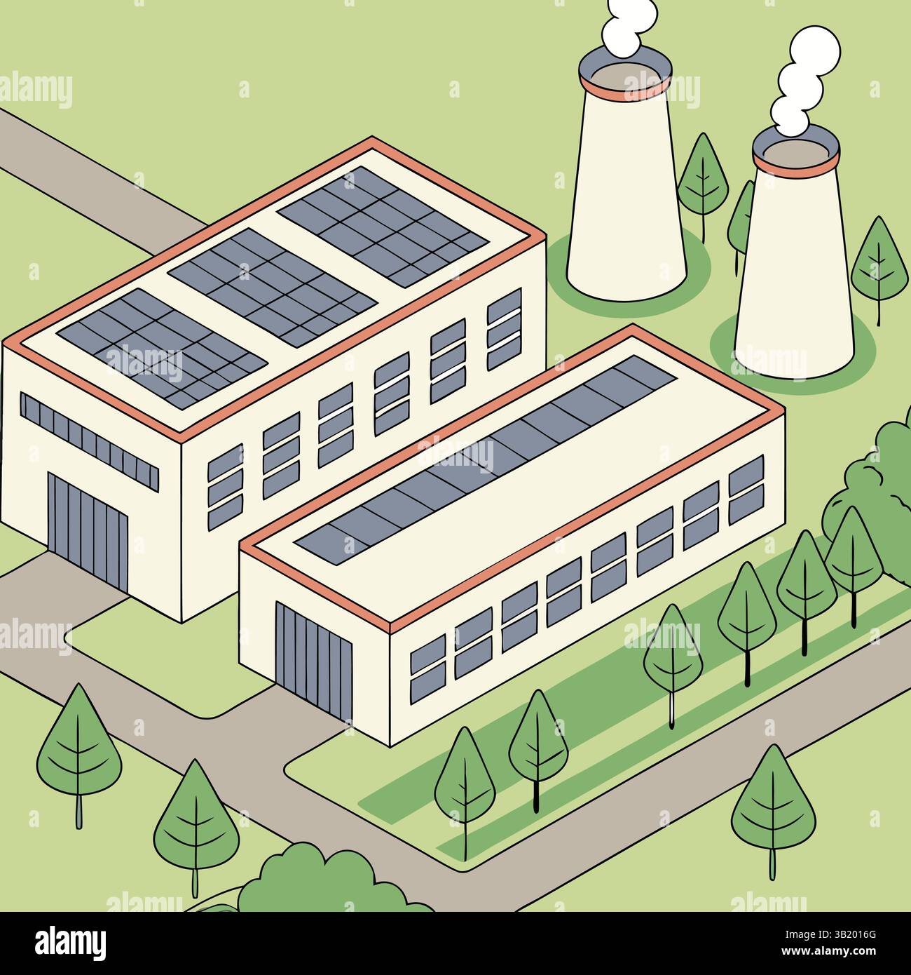 Isometric view of industrial buildings with solar panels and cooling ...