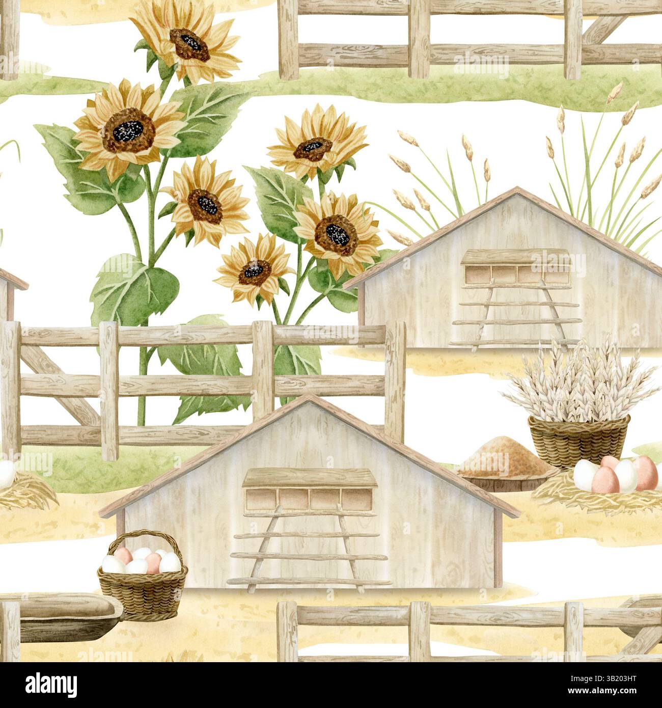 Farm seamless pattern with chicken coop, eggs, wheat harvest in wicker ...