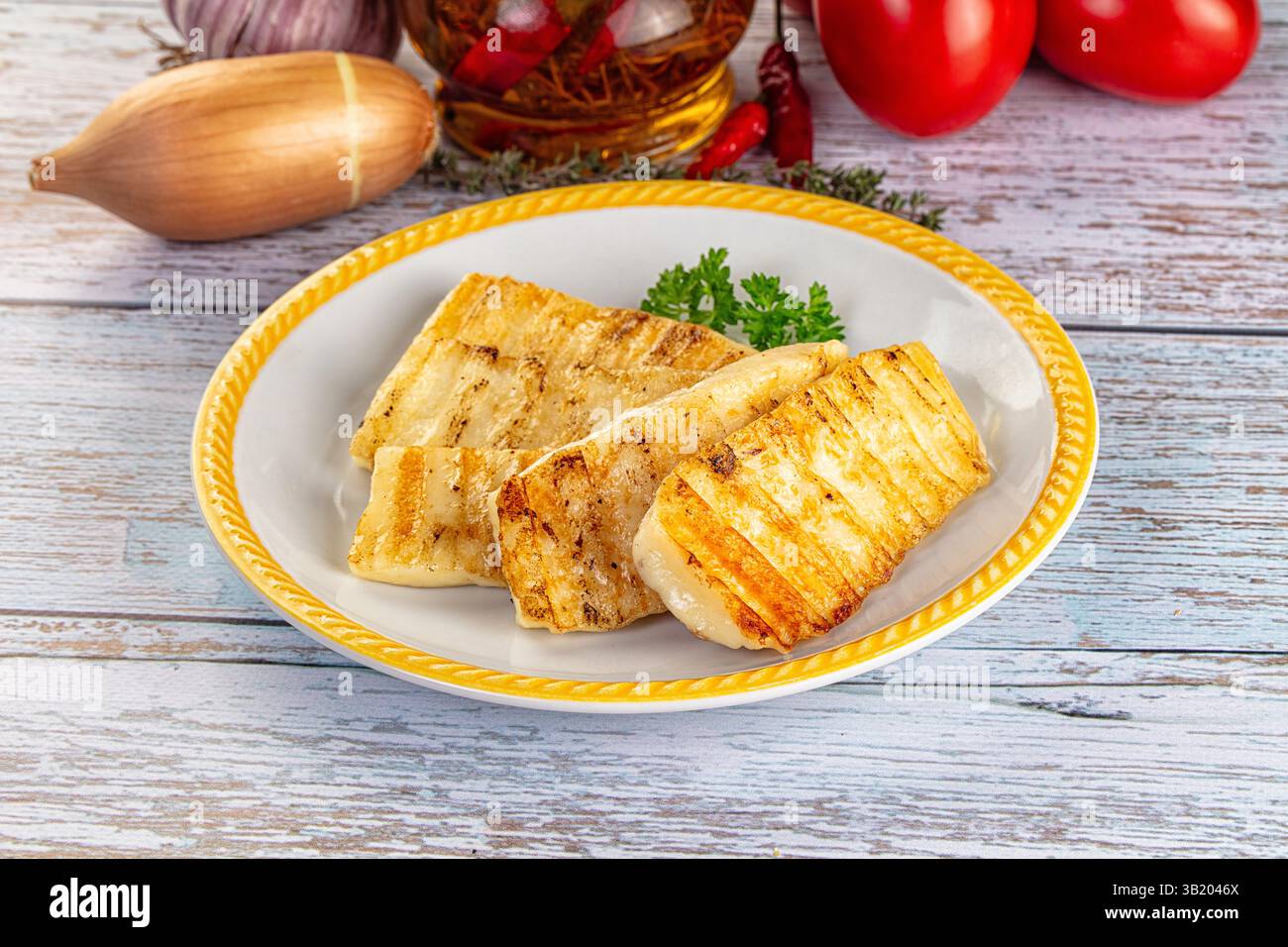 Greek traditional grilled halloumi cheese snack Stock Photo - Alamy