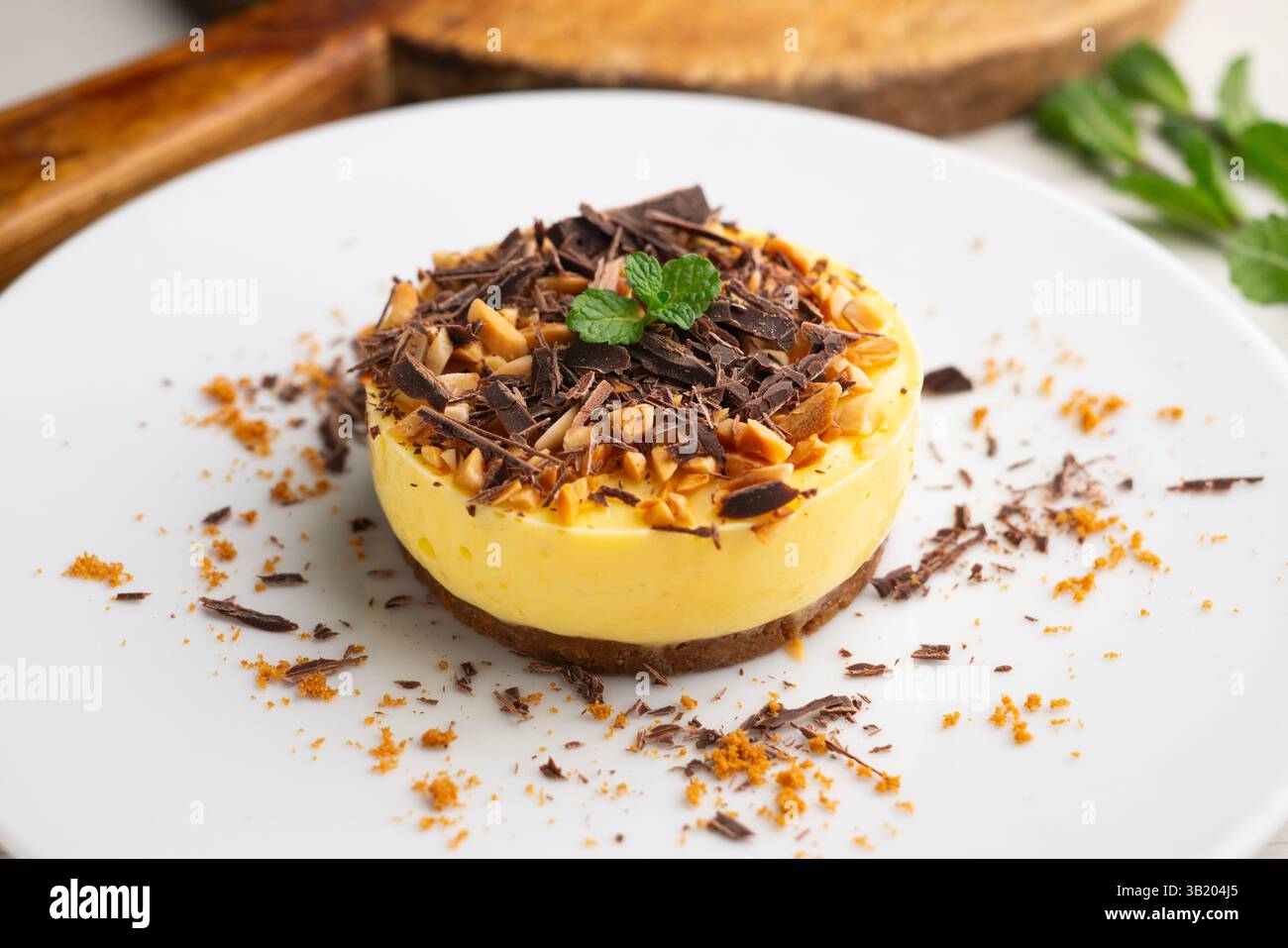Mango almond and chocolate tartlet. Top view table with christmas ...