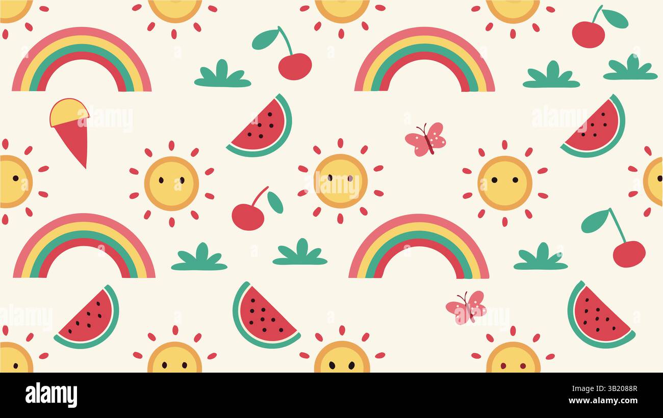 Cheerful Summer Fun Pattern: Seamless Rainbows, Suns, Fruits, and ...