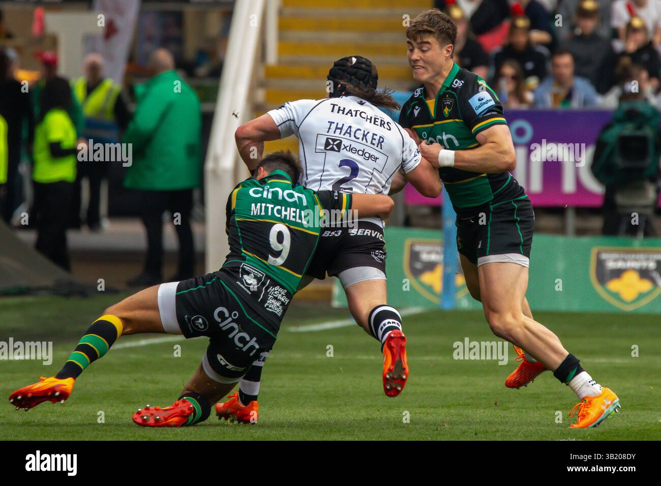 Northampton, UK, 26th April 2025 Bristol Bears hooker Harry Thacker is ...