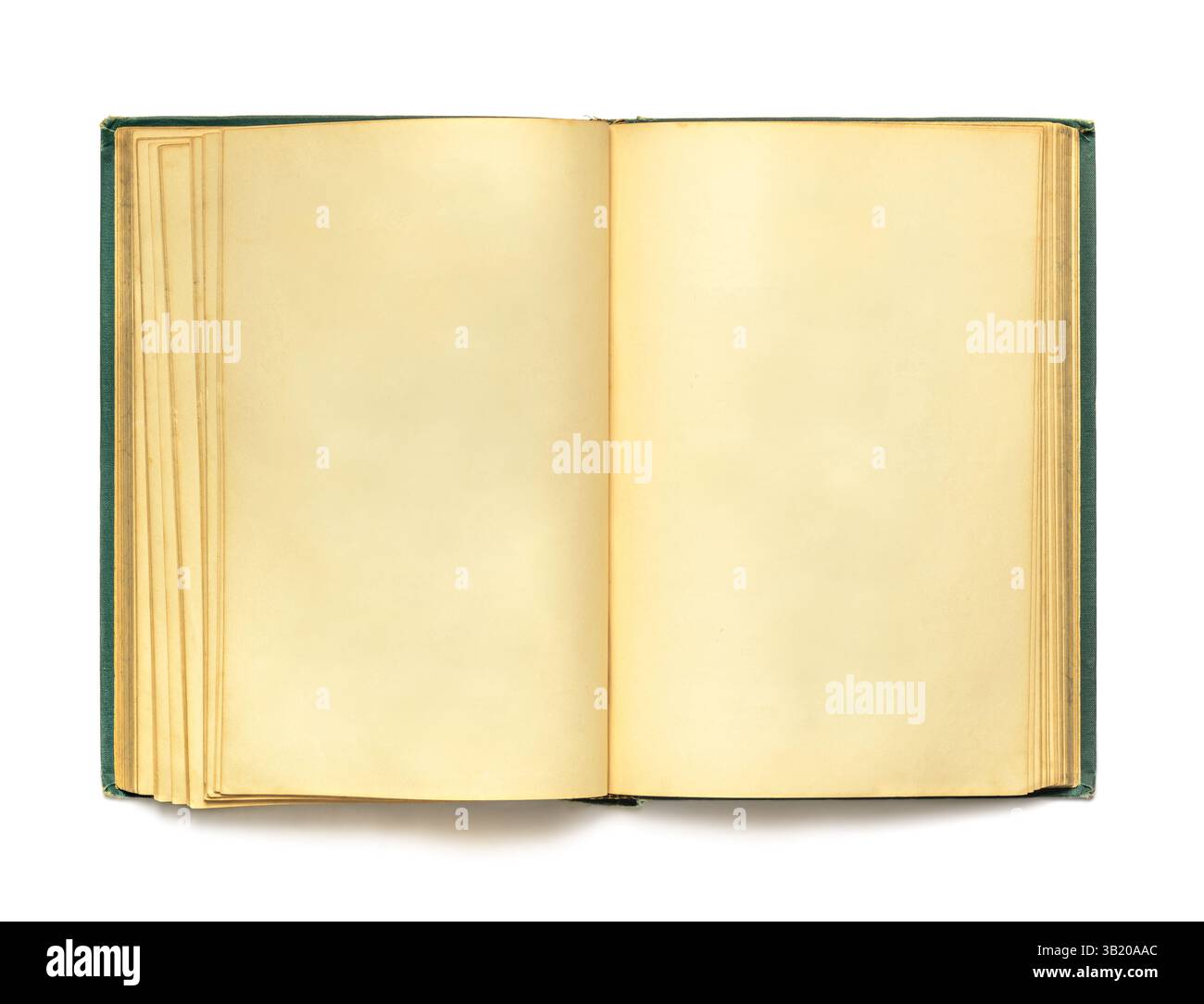 Open old shabby green book with faded blank pages space for text on ...