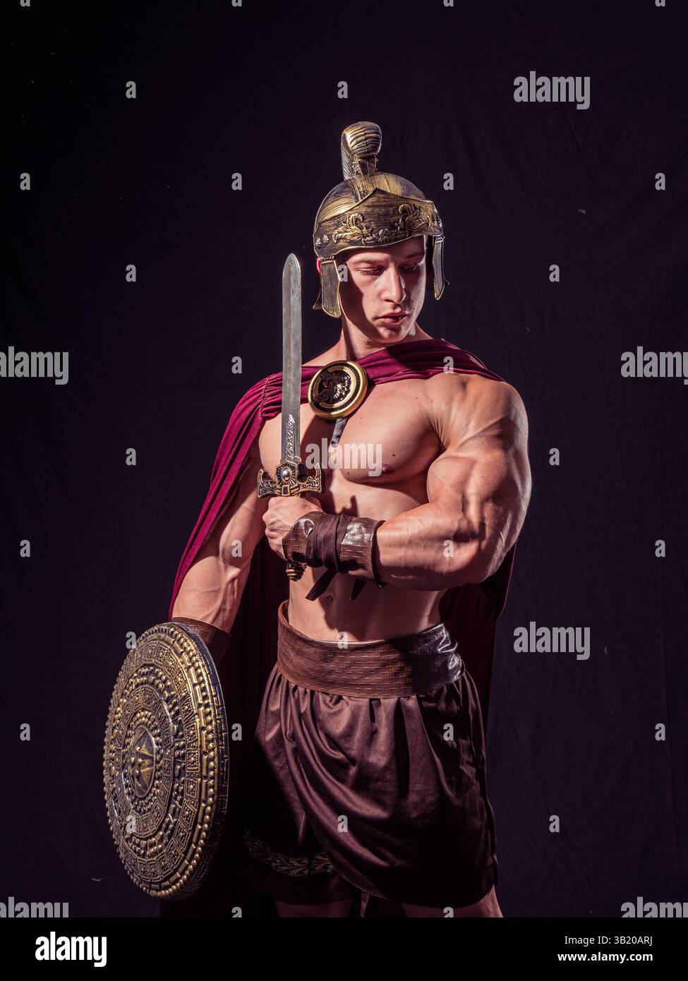A muscular warrior stands confidently, adorned in traditional armor ...