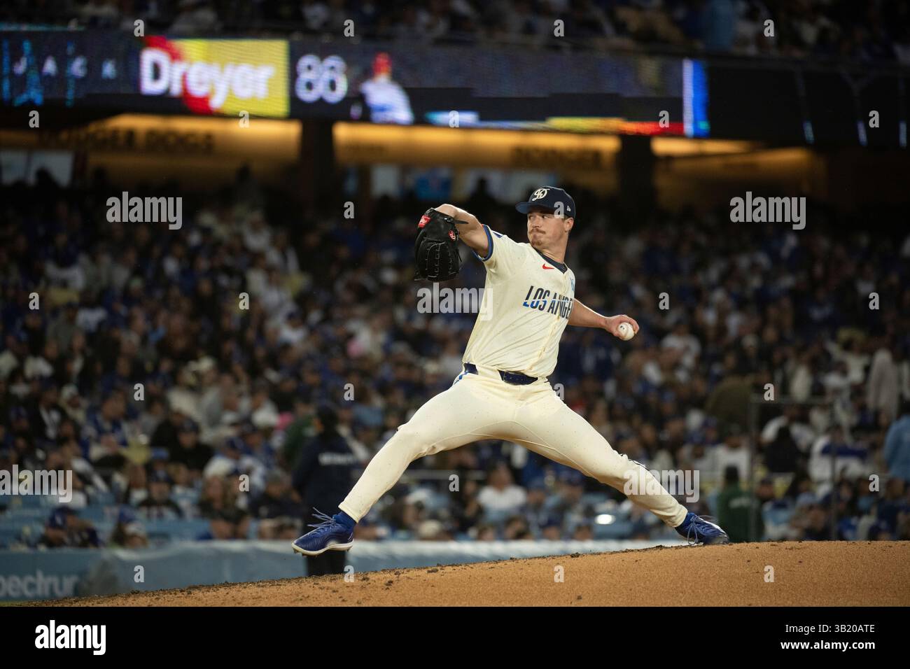 Los Angeles Dodgers relief pitcher Jack Dreyer delivers a pitch during ...