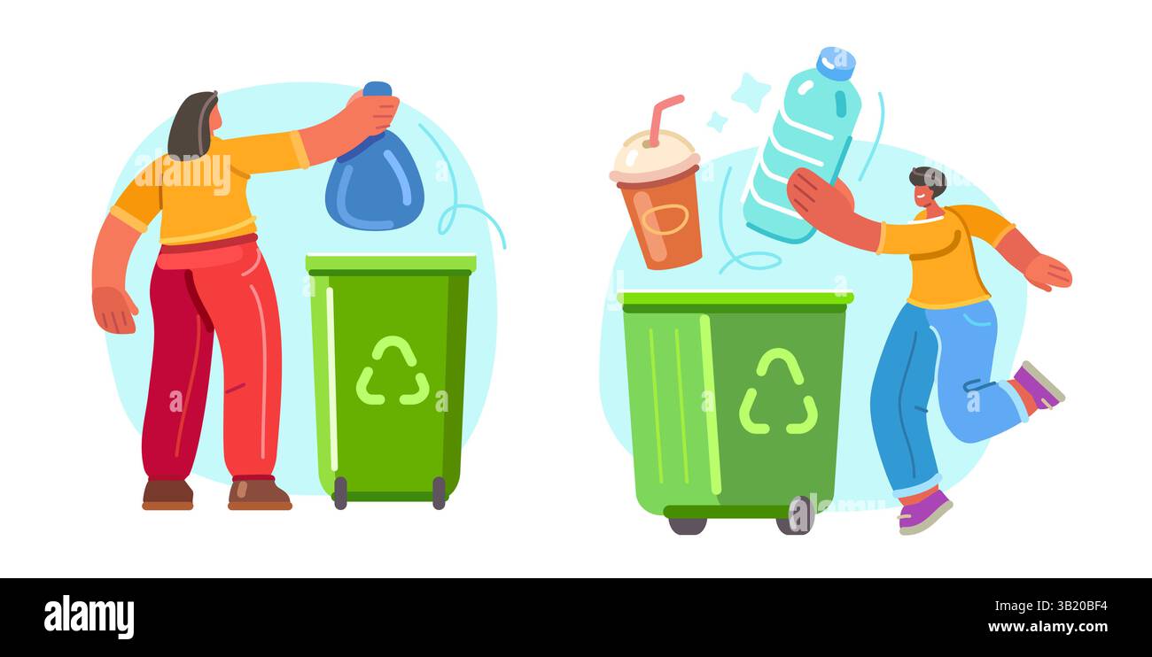 Recycling concept. Human throws garbage bag, plastic waste into trash ...