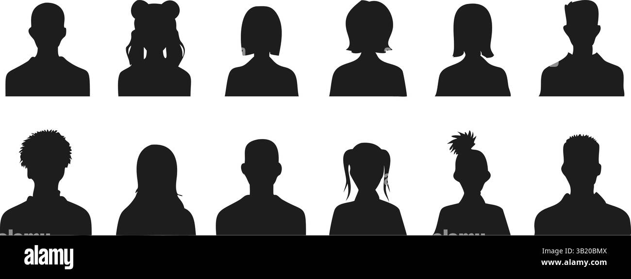 Diverse People Head and Shoulder Silhouettes Vector Set for Avatar and ...