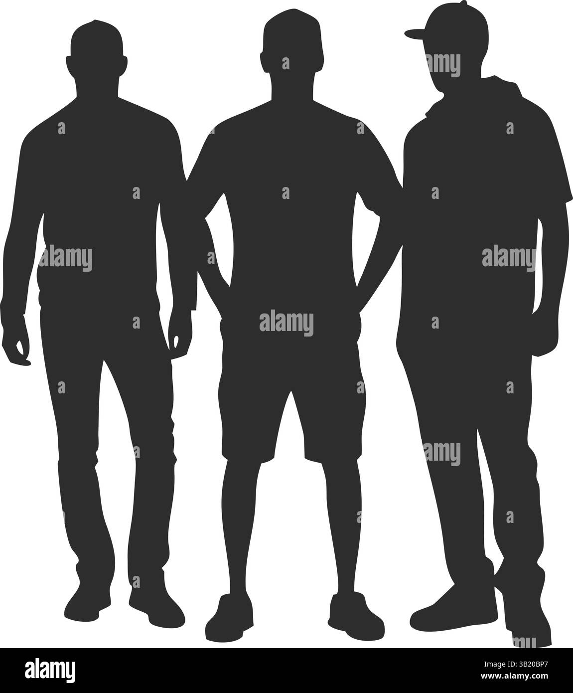 Casual Men Standing Silhouettes Vector: Three Friends Relaxing Together ...