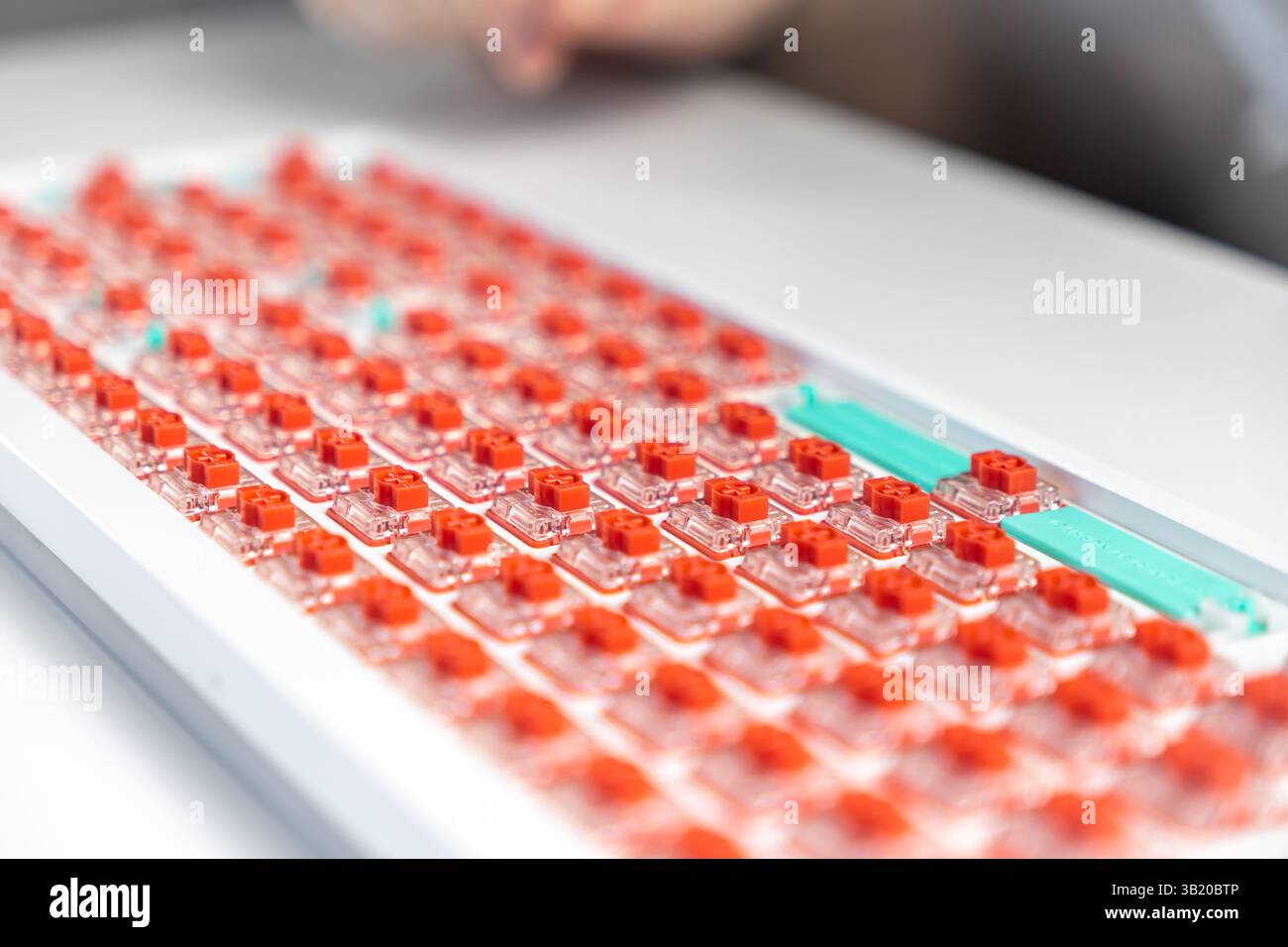 Detailed view of a mechanical keyboard during assembly, showing red ...