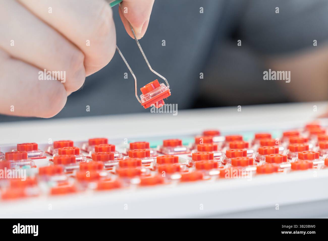Macro shot of a red mechanical switch held by a puller above a keyboard ...