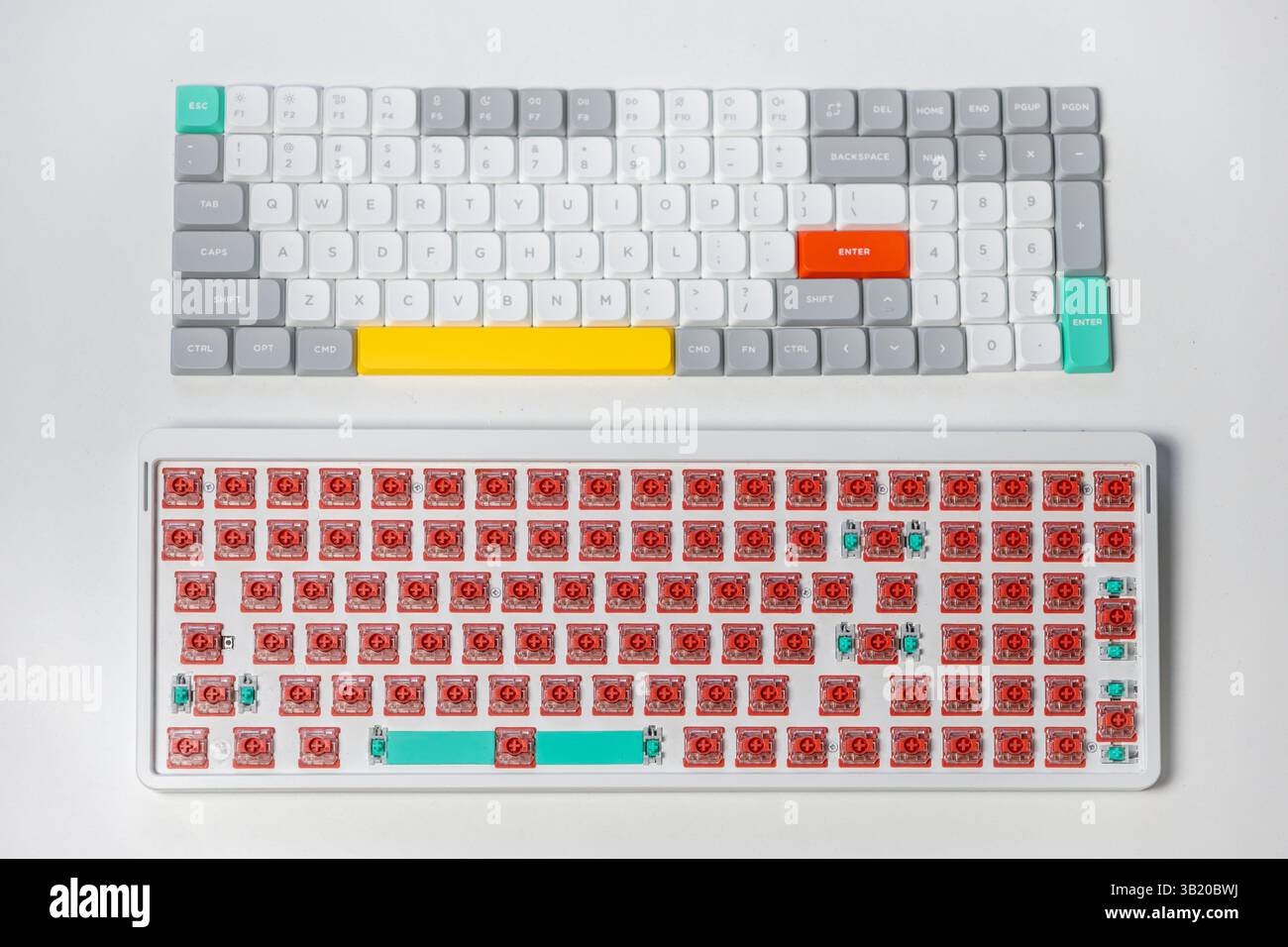 Top view of a mechanical keyboard featuring vibrant keycaps and exposed ...