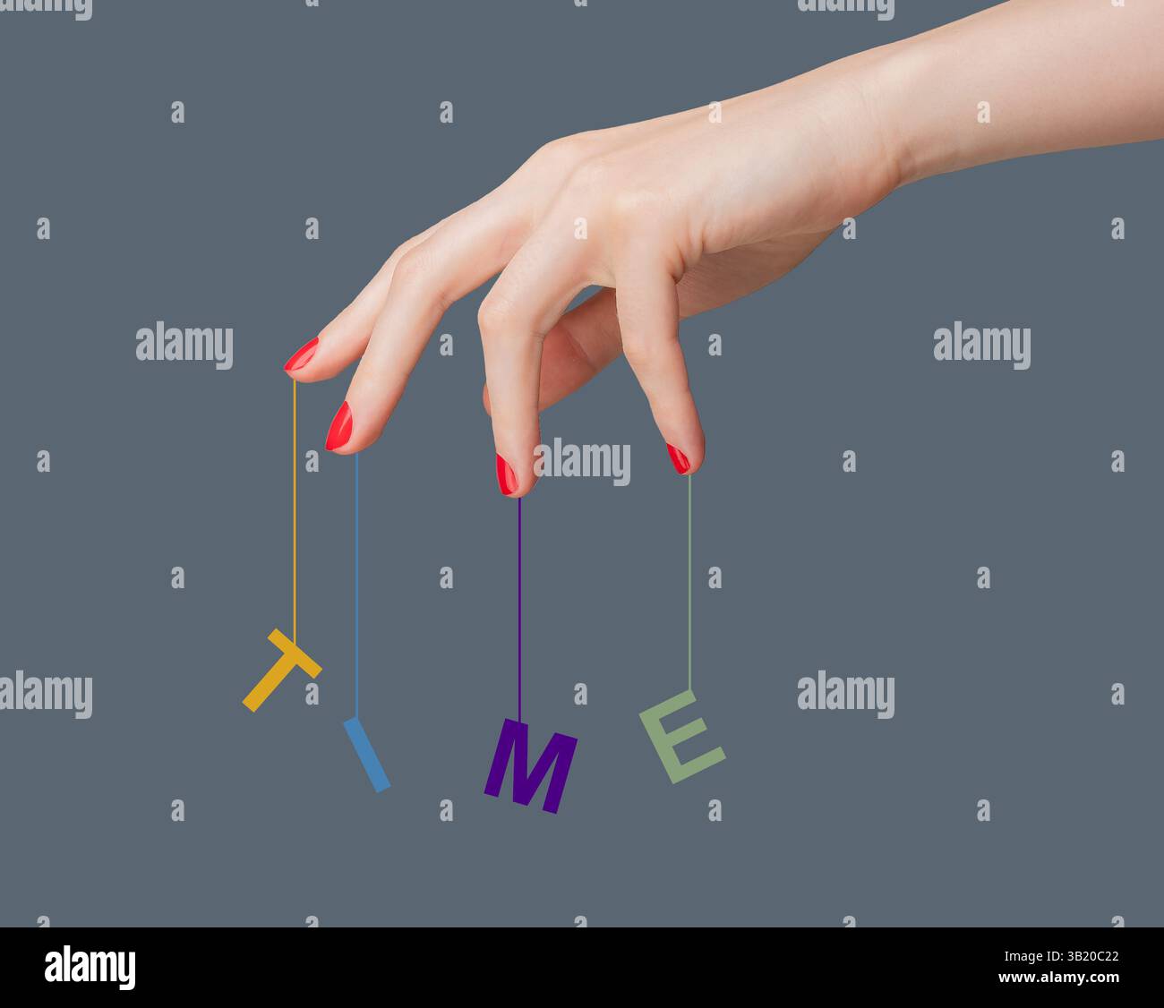 Time management concept with female hand. Red nail fingers controlling ...