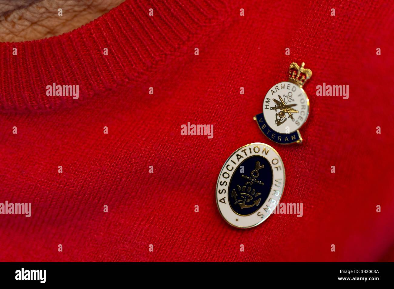 The pin badges of former Wren Ruth Barnwell during a VE Day interview ...