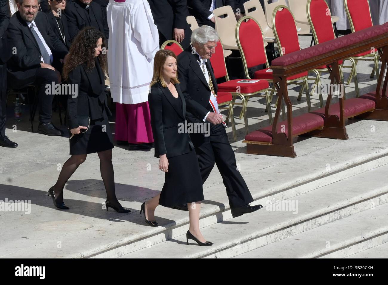 Vatican City, Italy. 26th Apr, 2025. Roberta Metsola arrives to attend ...
