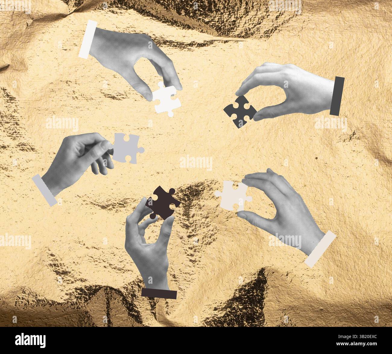 Hands connect puzzle pieces in teamwork and collaboration. Business ...