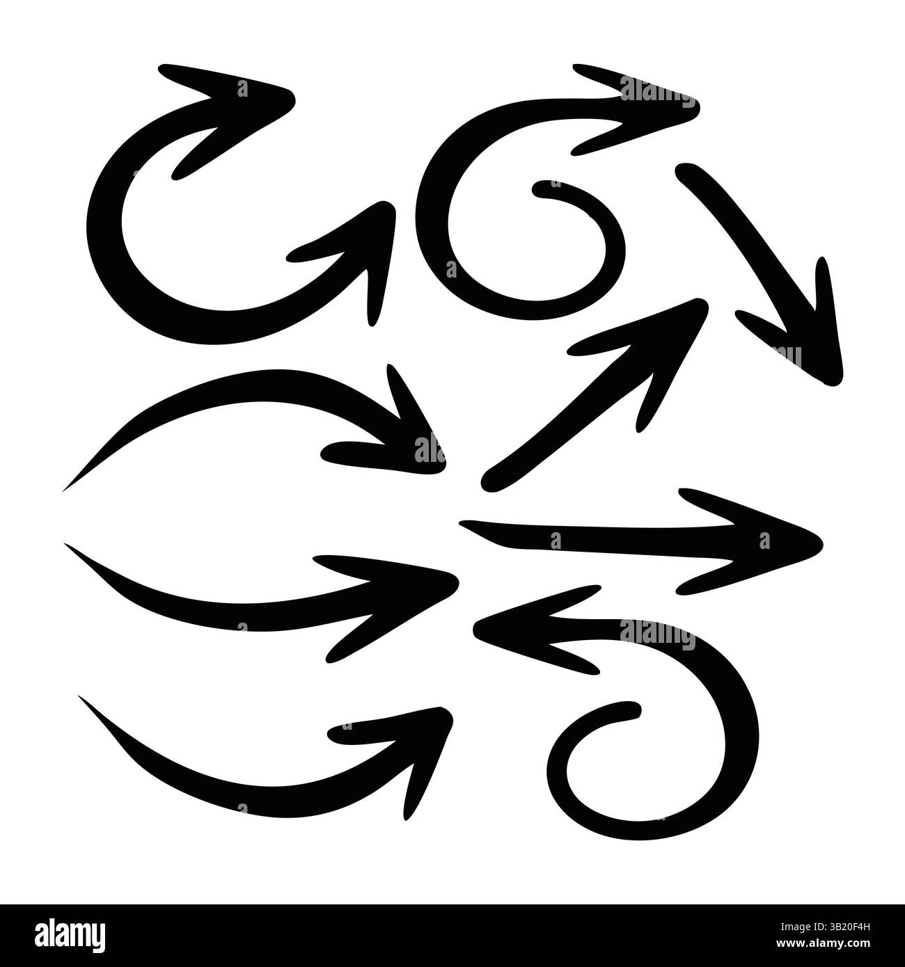 Set of Hand Drawn Vector curved black Arrows Doodle on White Background ...