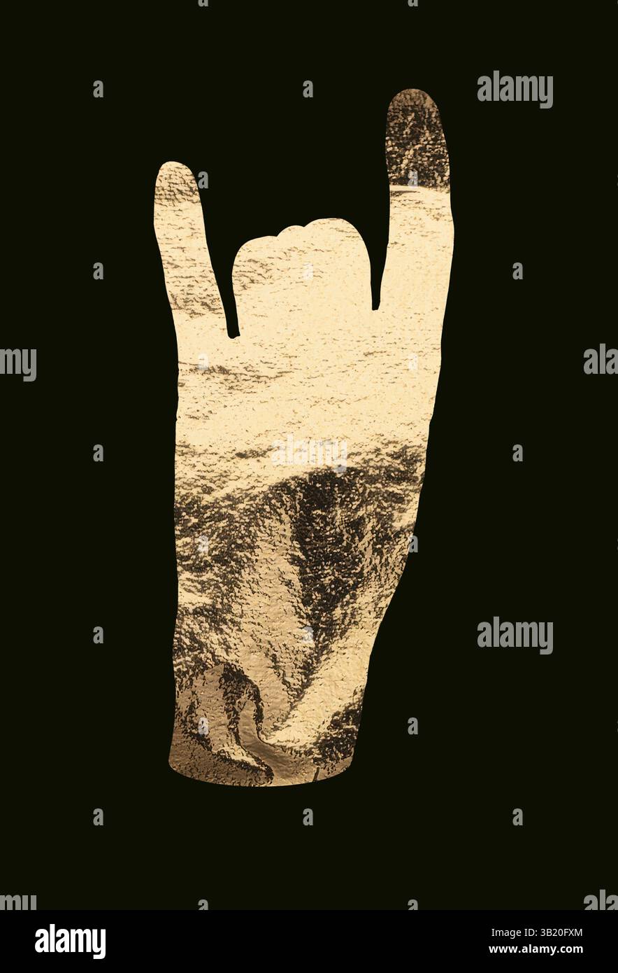 Golden metallic hand gesture, making a bold rock and metal symbol ...