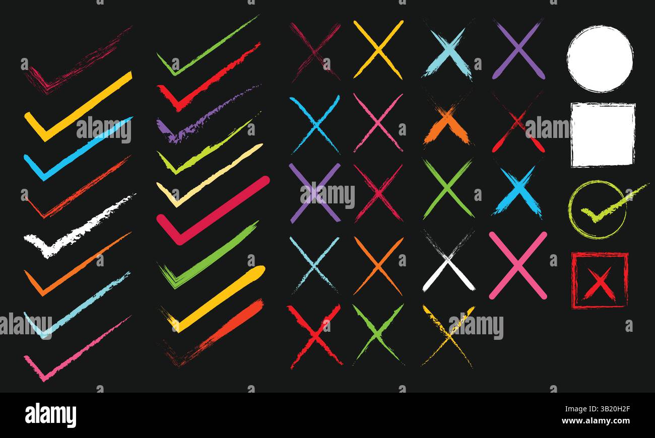 Set of colorful hand drawn grungy X Marks, Checkmarks, Circles, Squares ...
