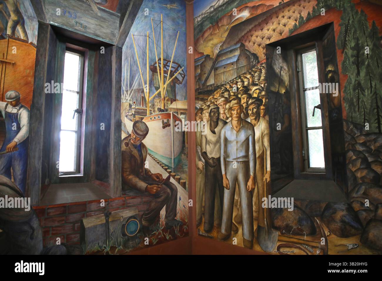 Details from the murals “Railroad and Shipping” by William Hesthal and ...